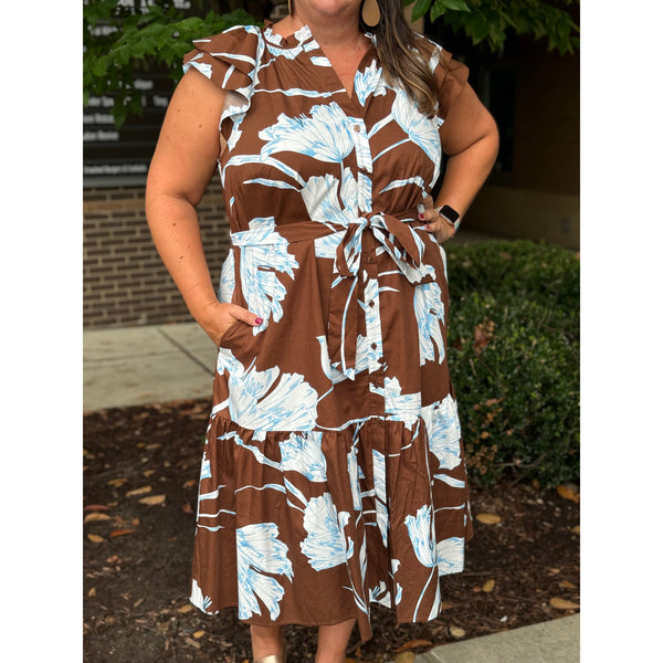 Zico Plus Floral Dynamite Button Midi Dress - Brown/Blue/White - FINAL ...