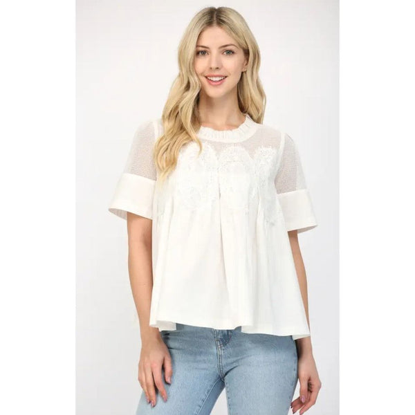 Savannah Applique Mesh Top - White – Bless Your Heart Boutique