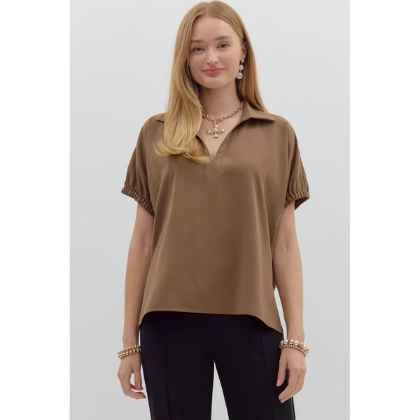 Keirsten Short Sleeve Split Collar Blouse - Mocha – Bless Your Heart ...